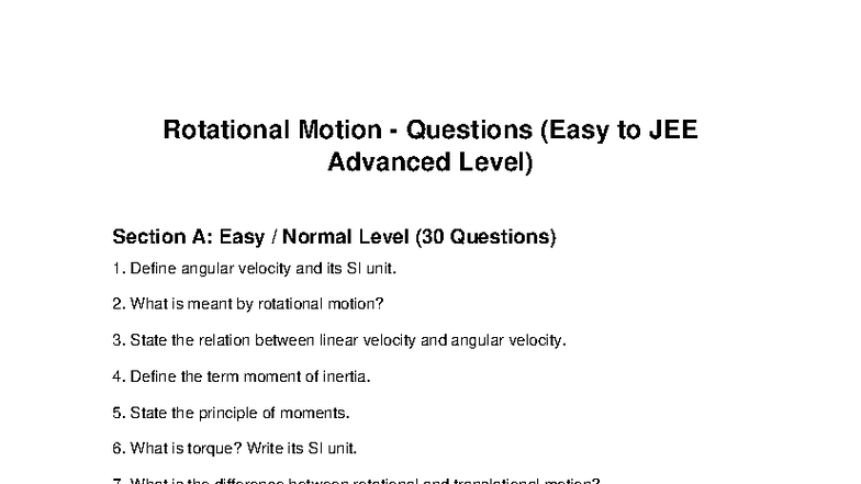 Rotational Motion Questions: Easy to JEE Advanced Level - Studocu