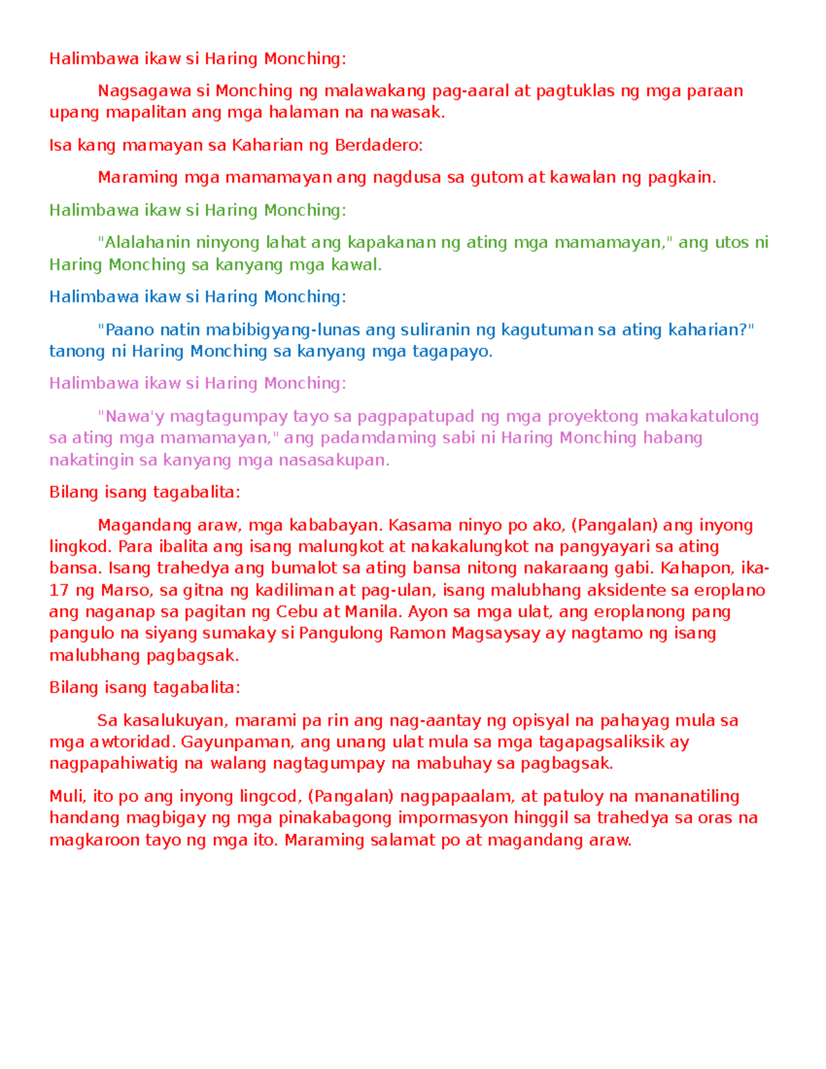 MGA Halimbawa - Haring Monching at ang Suliranin ng Kagutuman - Studocu