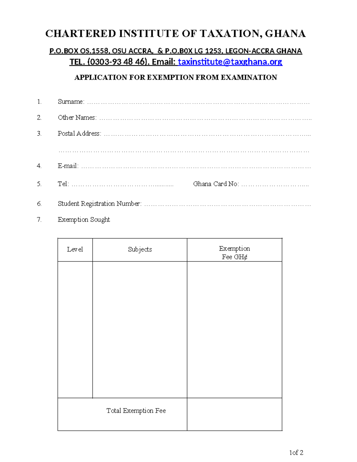 Application for Examination Exemption - Form 1 - Studocu