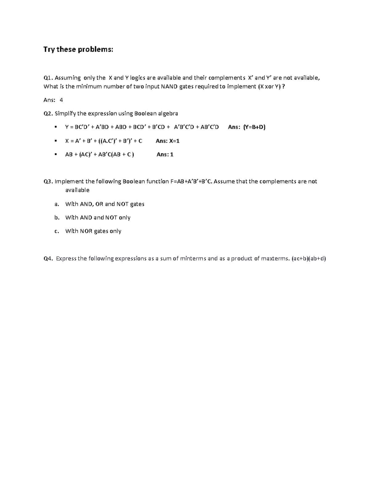 Practical Problems on Logic Gates - Practice Q&A for CD101 - Studocu