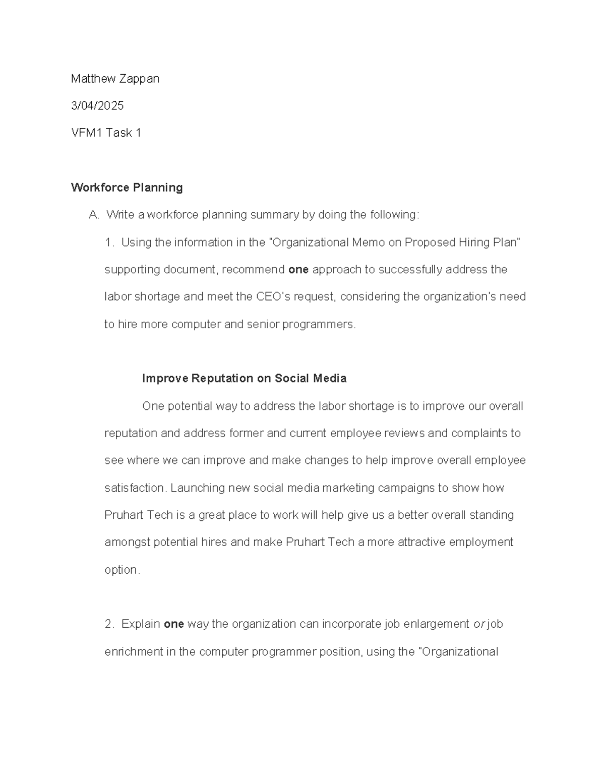 Task 1 - task 1 passed - Matthew Zappan 3/04/ VFM1 Task 1 Workforce ...