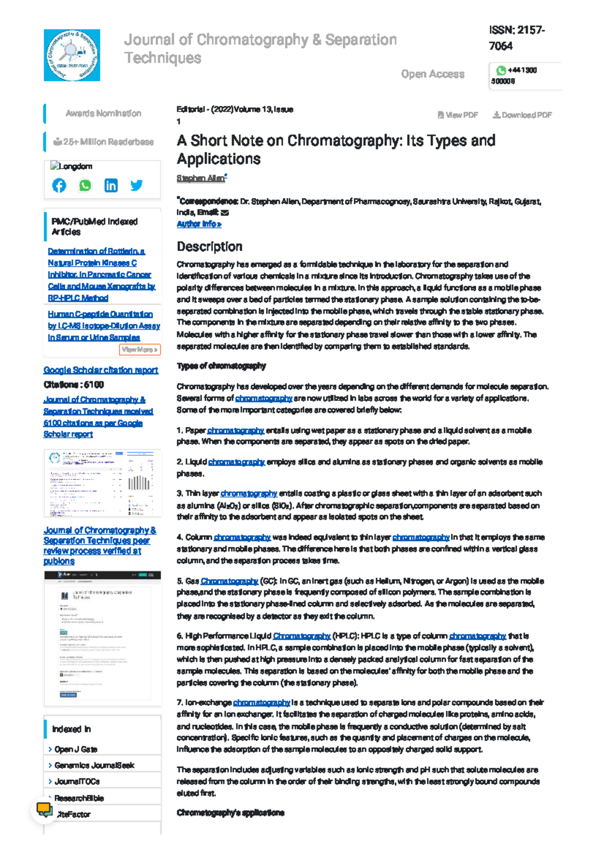 A Short Note on Chromatography: Types & Applications (J Chromatogr Sep ...