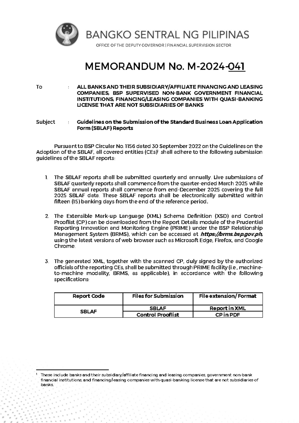 Guidelines for SBLAF Submission - BSP Memo M-2024-041 - Studocu