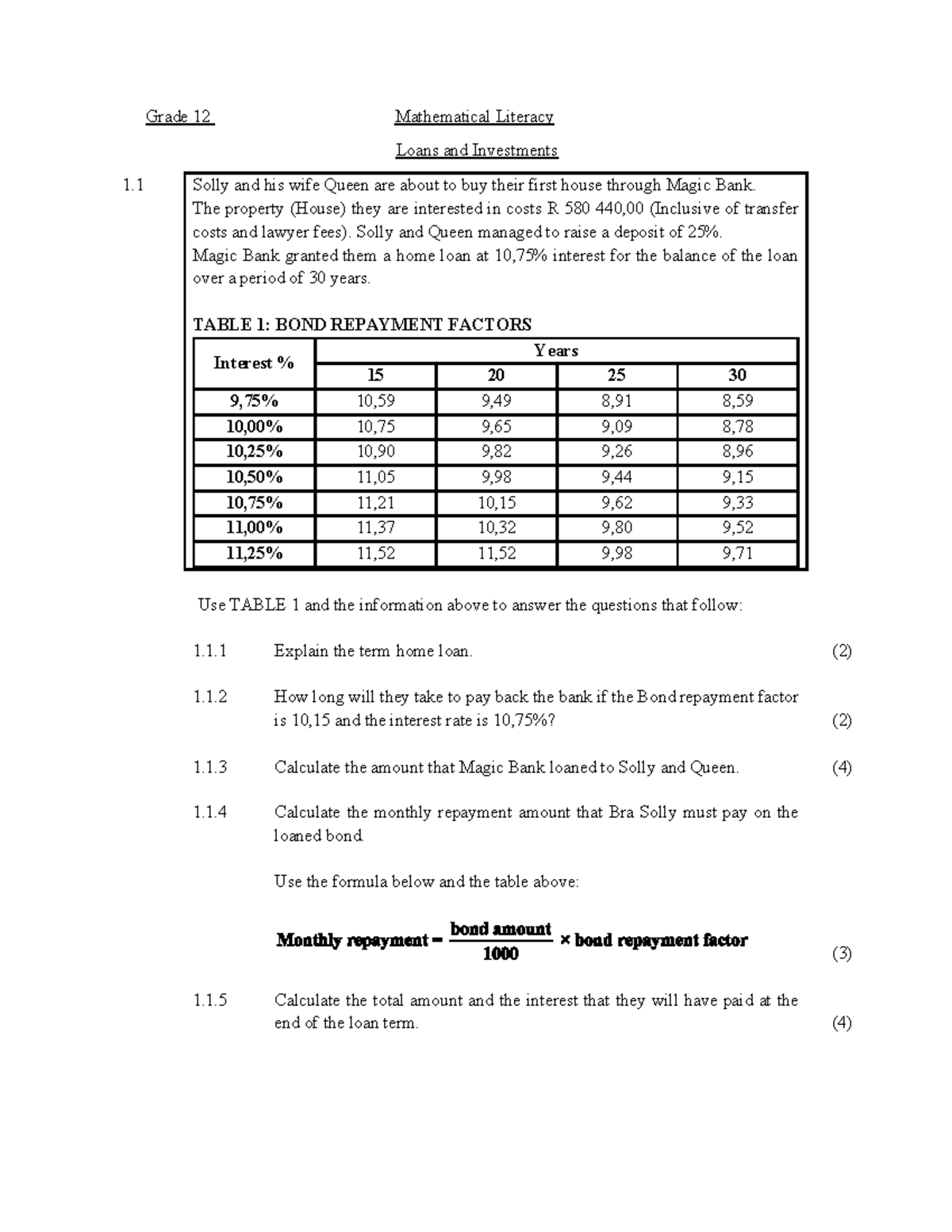 Grade 12 Mathematical Literacy: Loans and Investments Exam Notes - Studocu