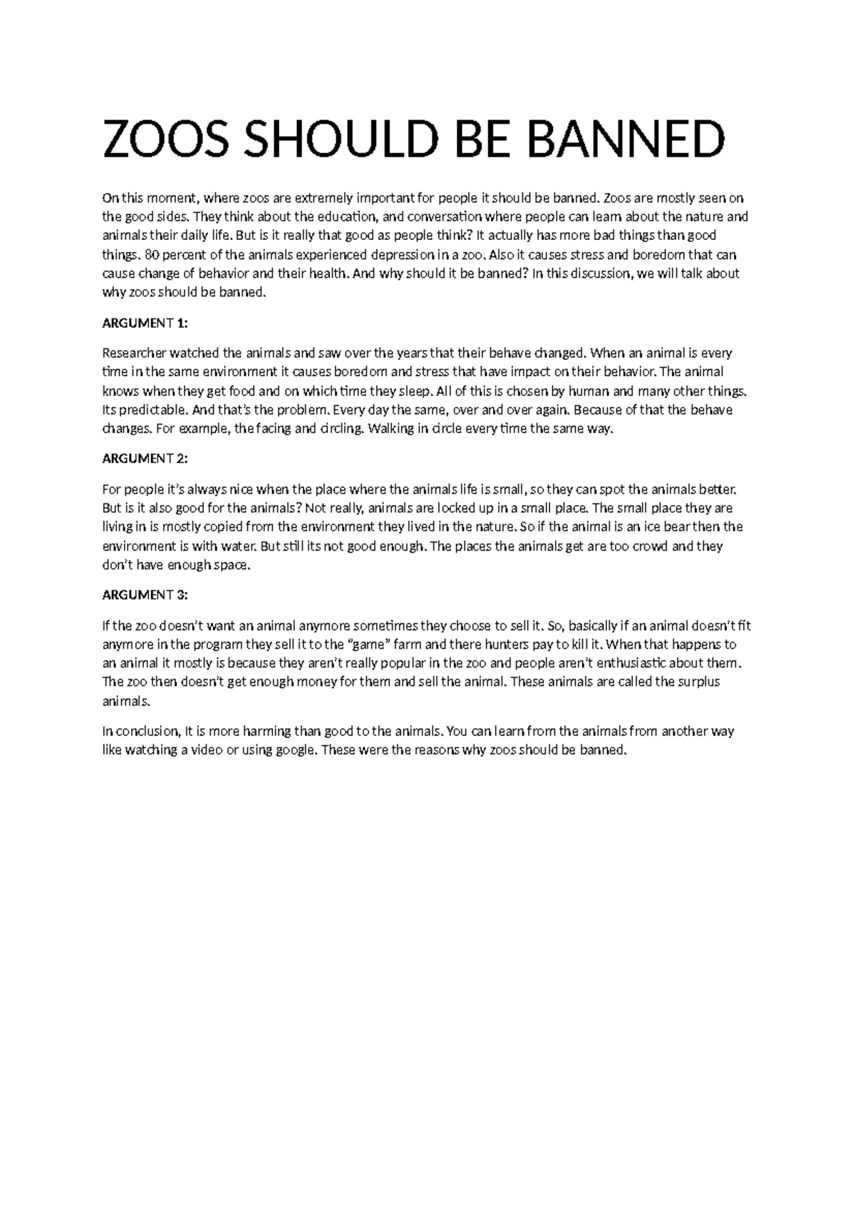 Arguments for Banning Zoos - GWN Essay - Studeersnel