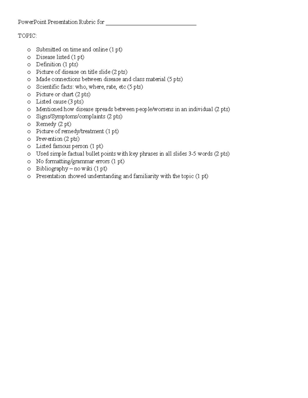 Disease Presentation Rubric - Assessment Criteria for Class Projects ...