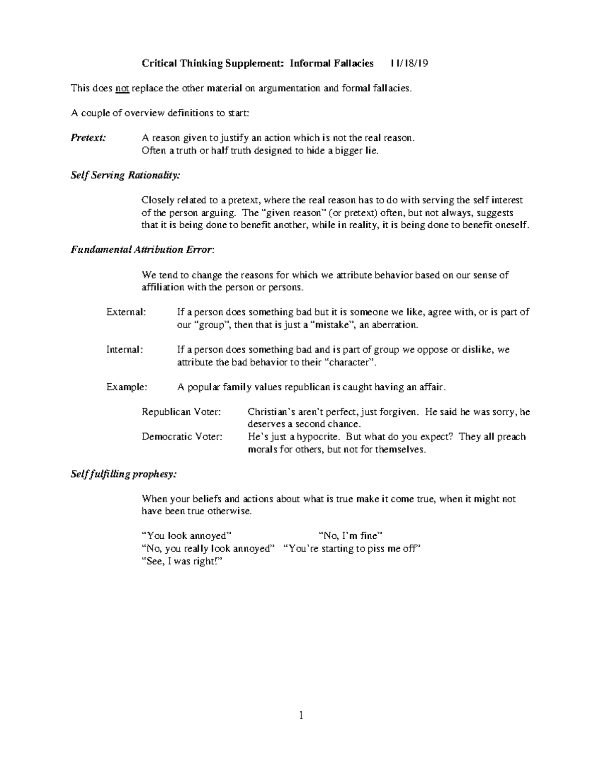 Critical Thinking Supplement: A Guide to Informal Fallacies - Studocu