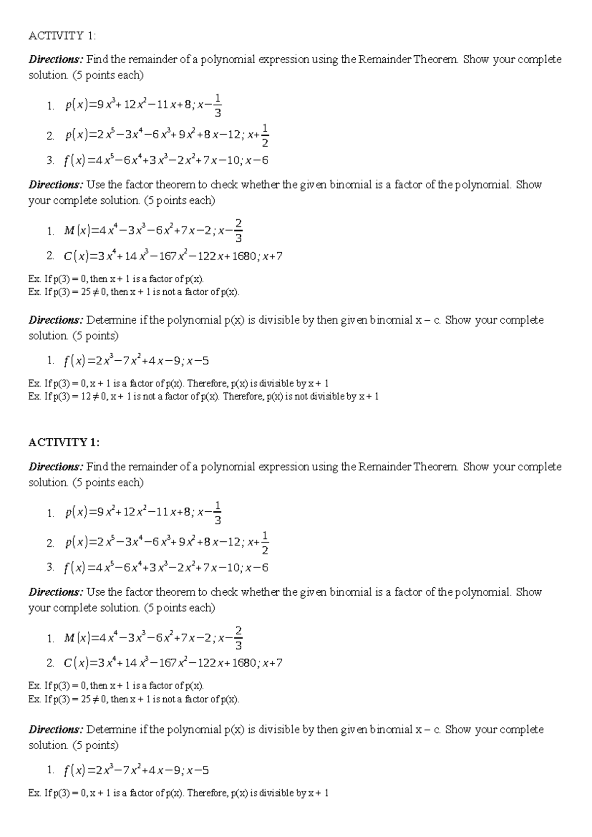 ACTIVITY 1: Remainder & Factor Theorems in Polynomials - Studocu