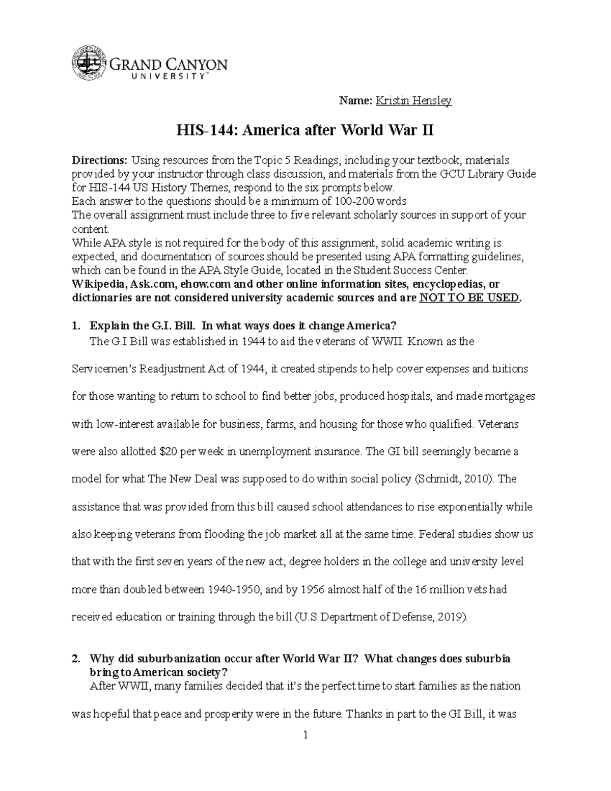 WWII - Grade: 100 - Name: Kristin Hensley America after World War II ...