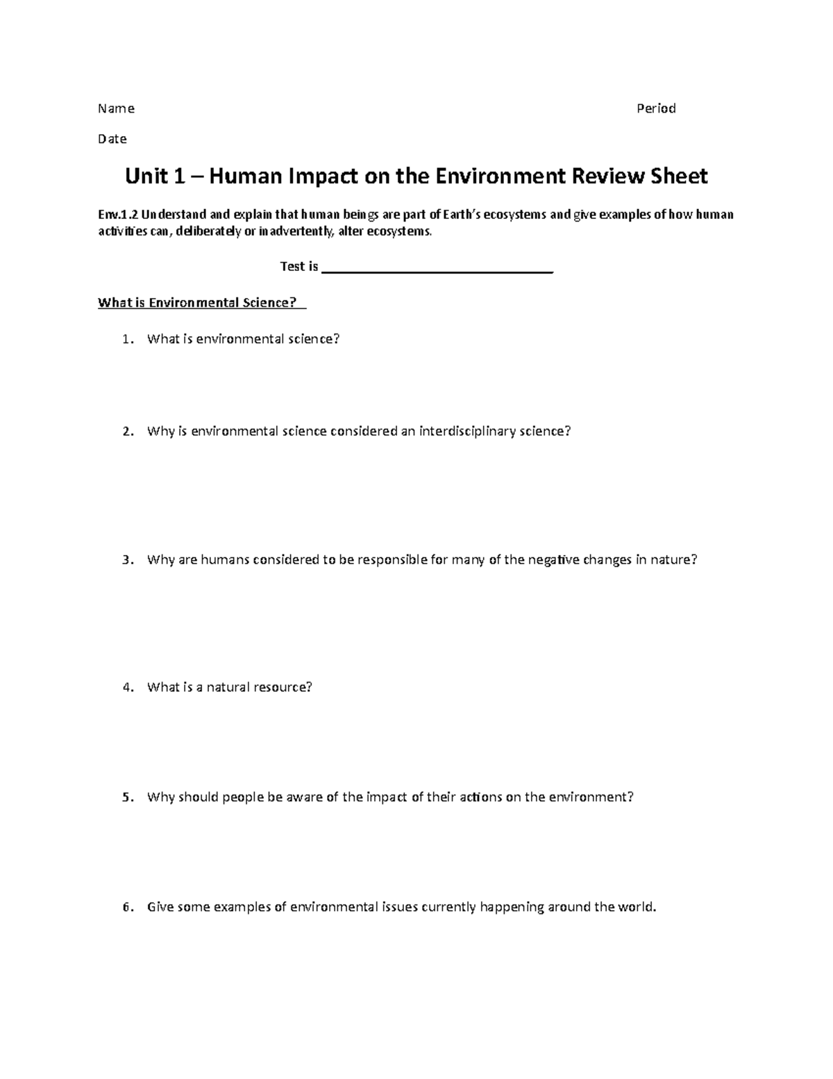 Unit 1 - Human Impact on the Environment Review Sheet - Name Period ...