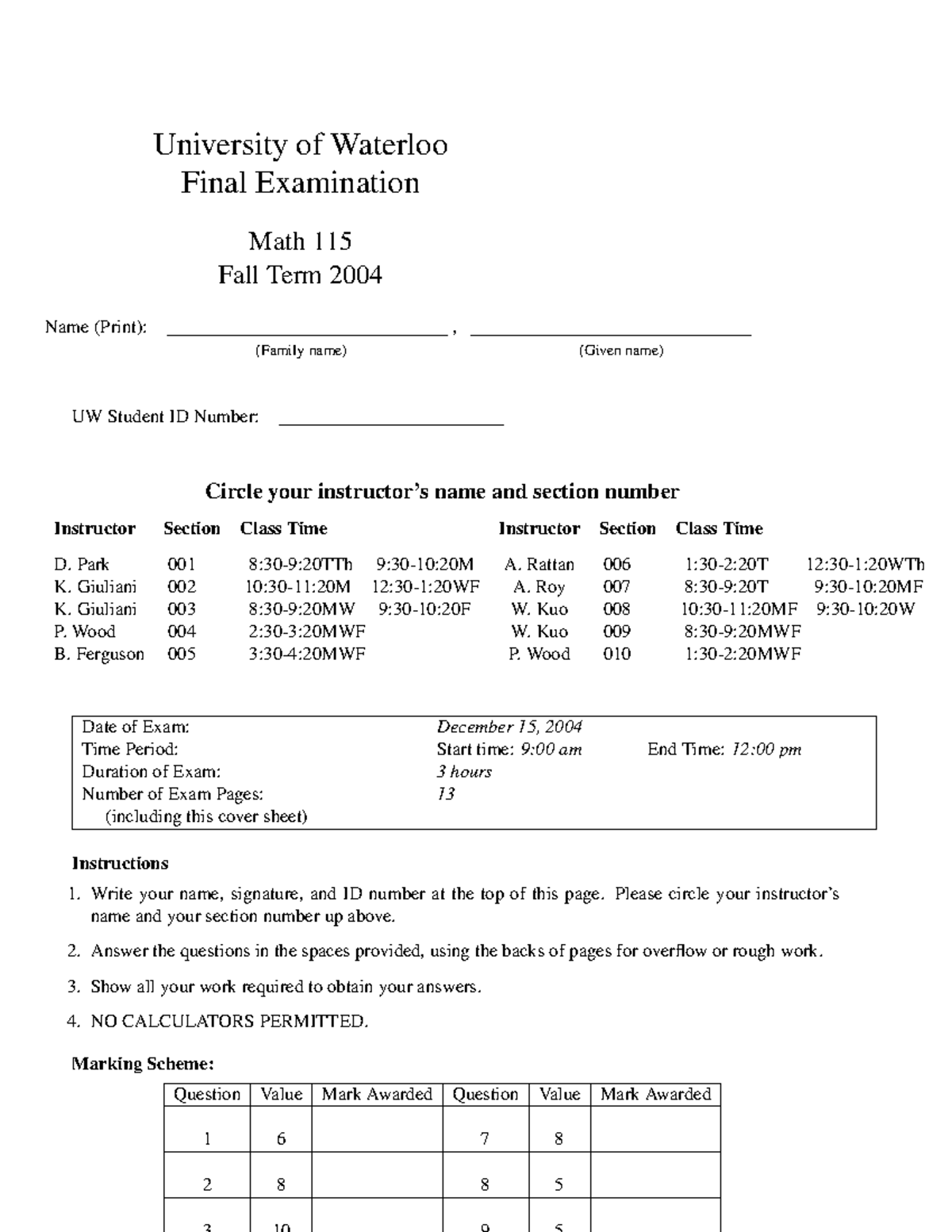 (11) 2 - This is the final for math 115 - University of Waterloo Final ...