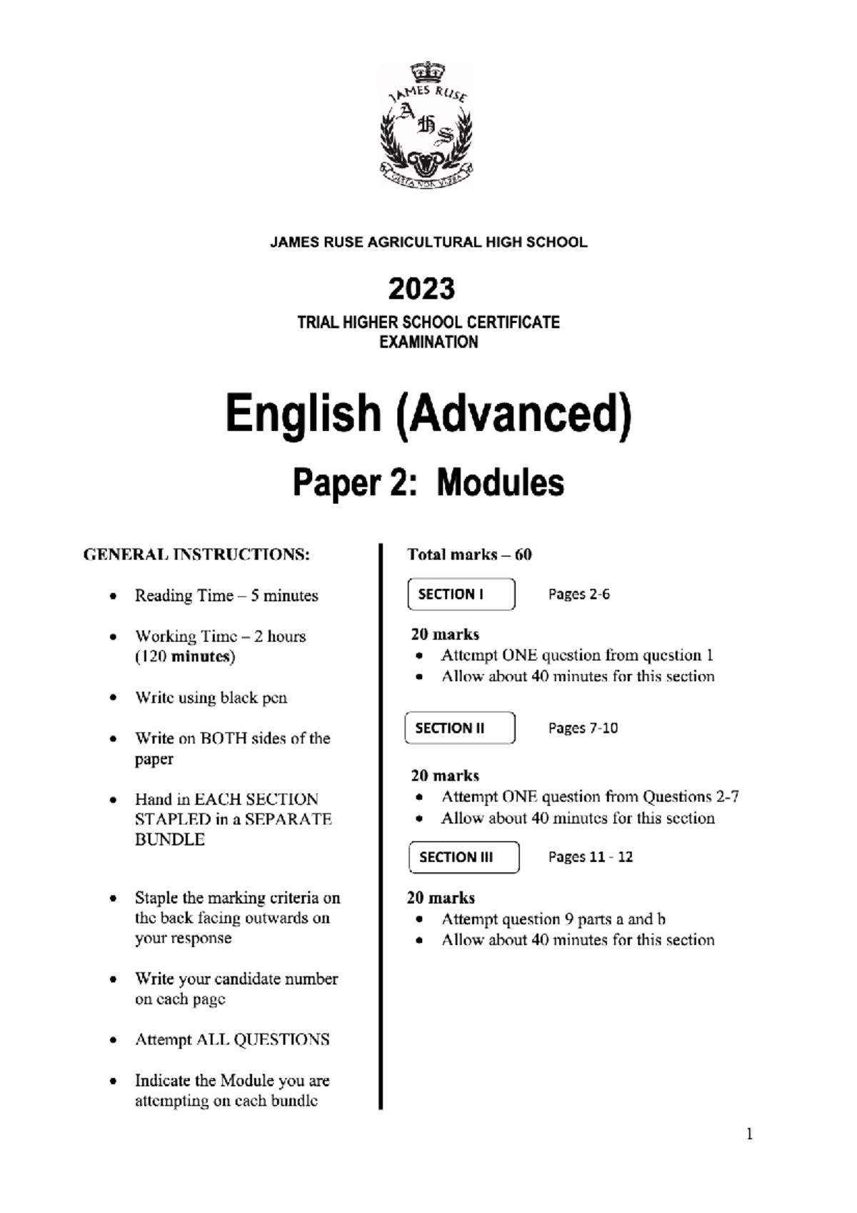 James Ruse 2023 Trial HSC Exam: English (Adv) Paper 2 Practice - Studocu