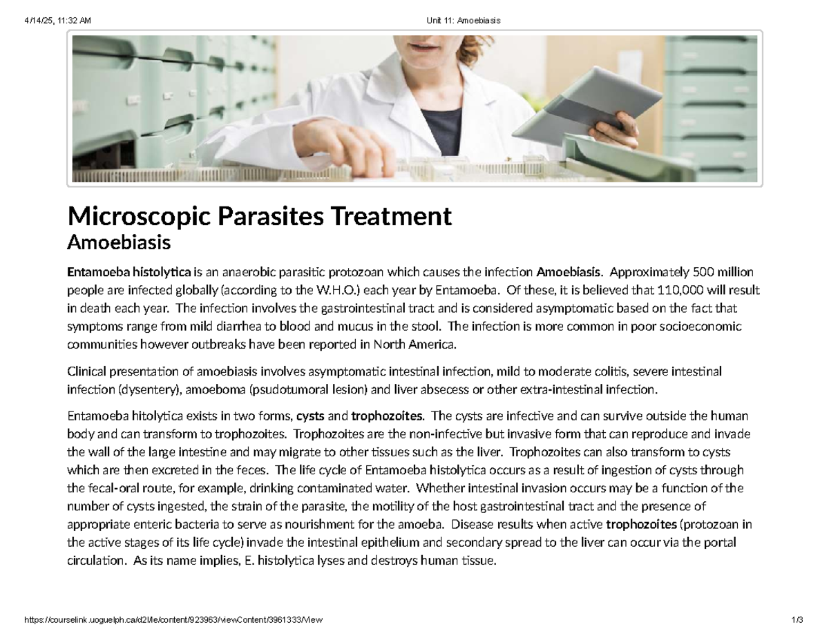 Unit 3: Amoebiasis - Microscopic Parasites & Treatment - Studocu