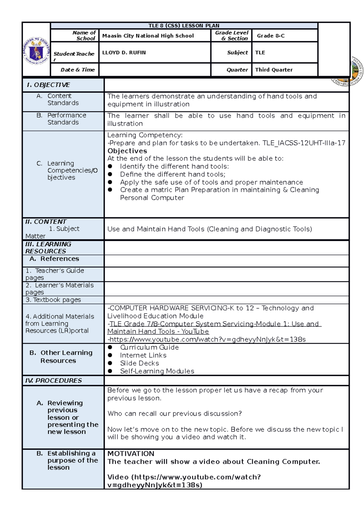 TLE 8 LP - this is a helpful Lesson Plan - TLE 8 (CSS) LESSON PLAN Name ...