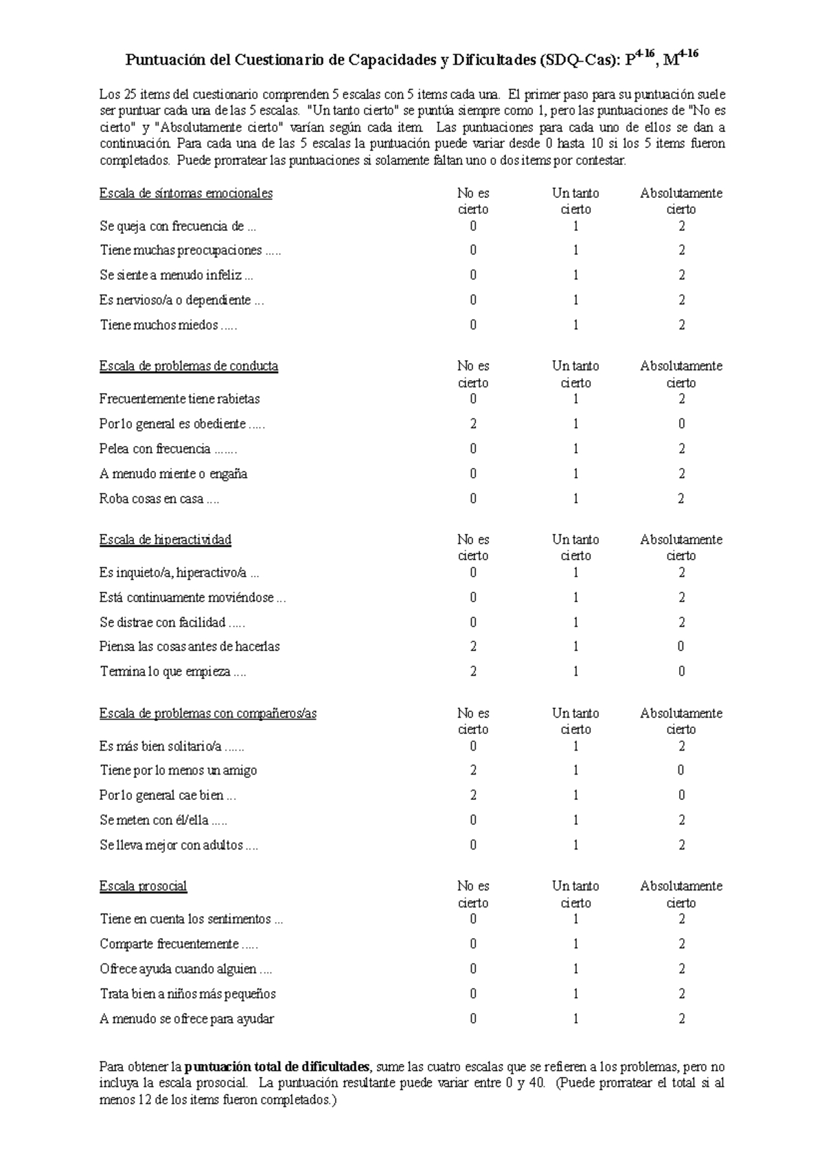 Corrección del Instrumento SDQ: Puntuación y Escalas Evaluativas - Studocu