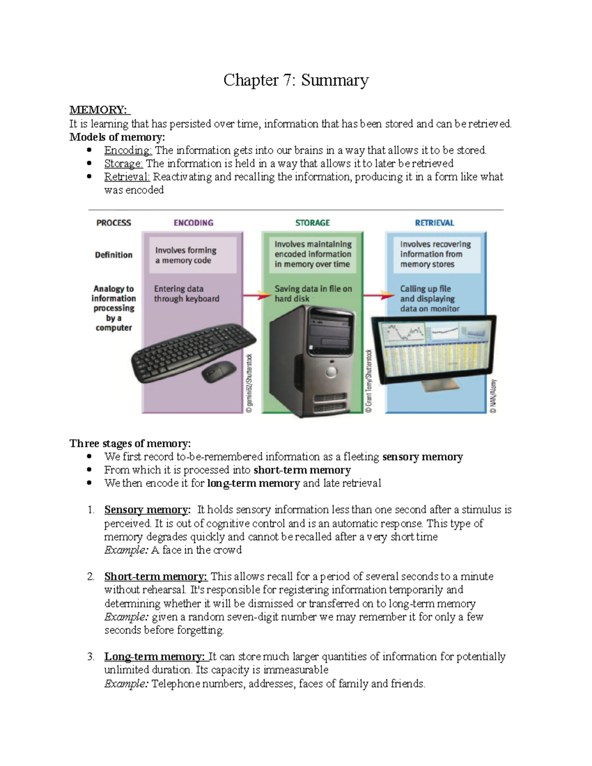 General psychology Chapter 7 Summary - Chapter 7: Summary MEMORY: It is ...