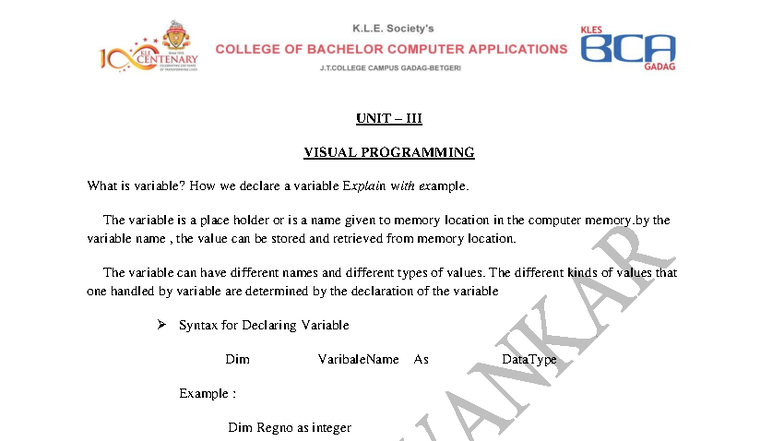 VB UNIT - III Part I: Understanding Variables in Visual Programming ...