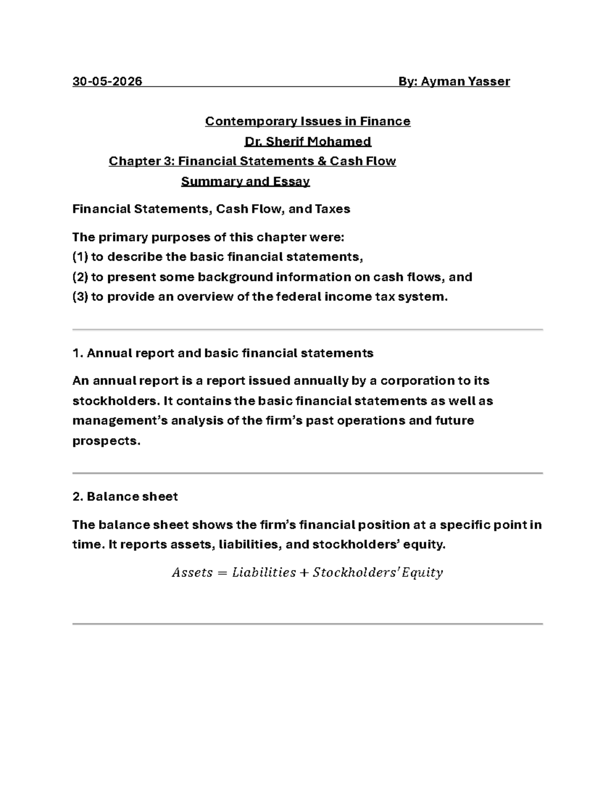 Chapter 3: Financial Statements & Cash Flow Summary (FIN 101) - Studocu
