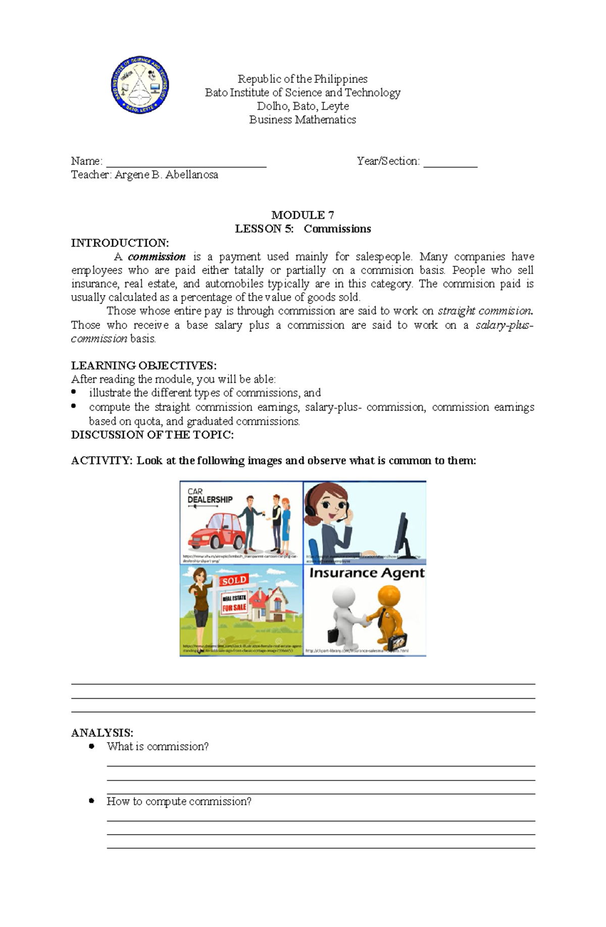 Module 7 - Lesson 5: Understanding Commissions in Business Math - Studocu