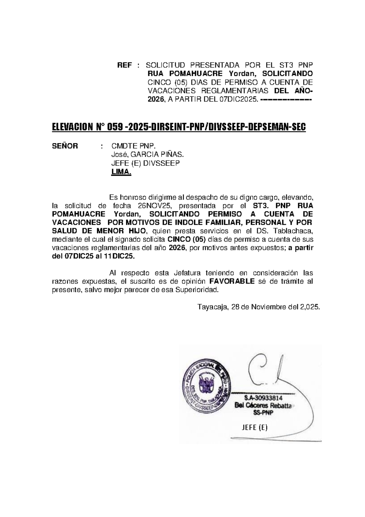 ELEV N 059 Solicitud de Permiso por Vacaciones ST3 PNP Yordan RUA - Studocu