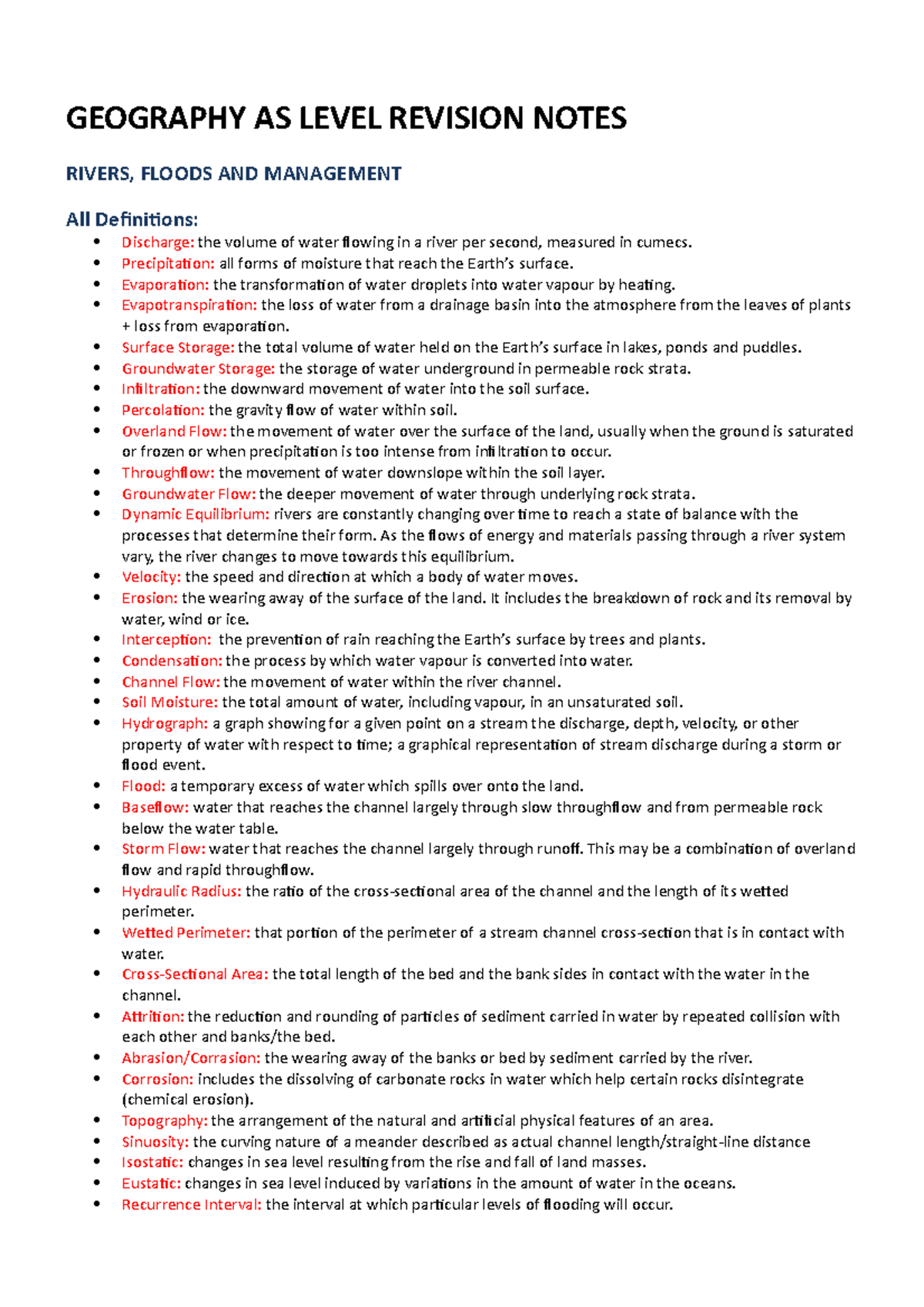 Geography AS Level Revision Notes: Rivers, Floods & Management - Studocu