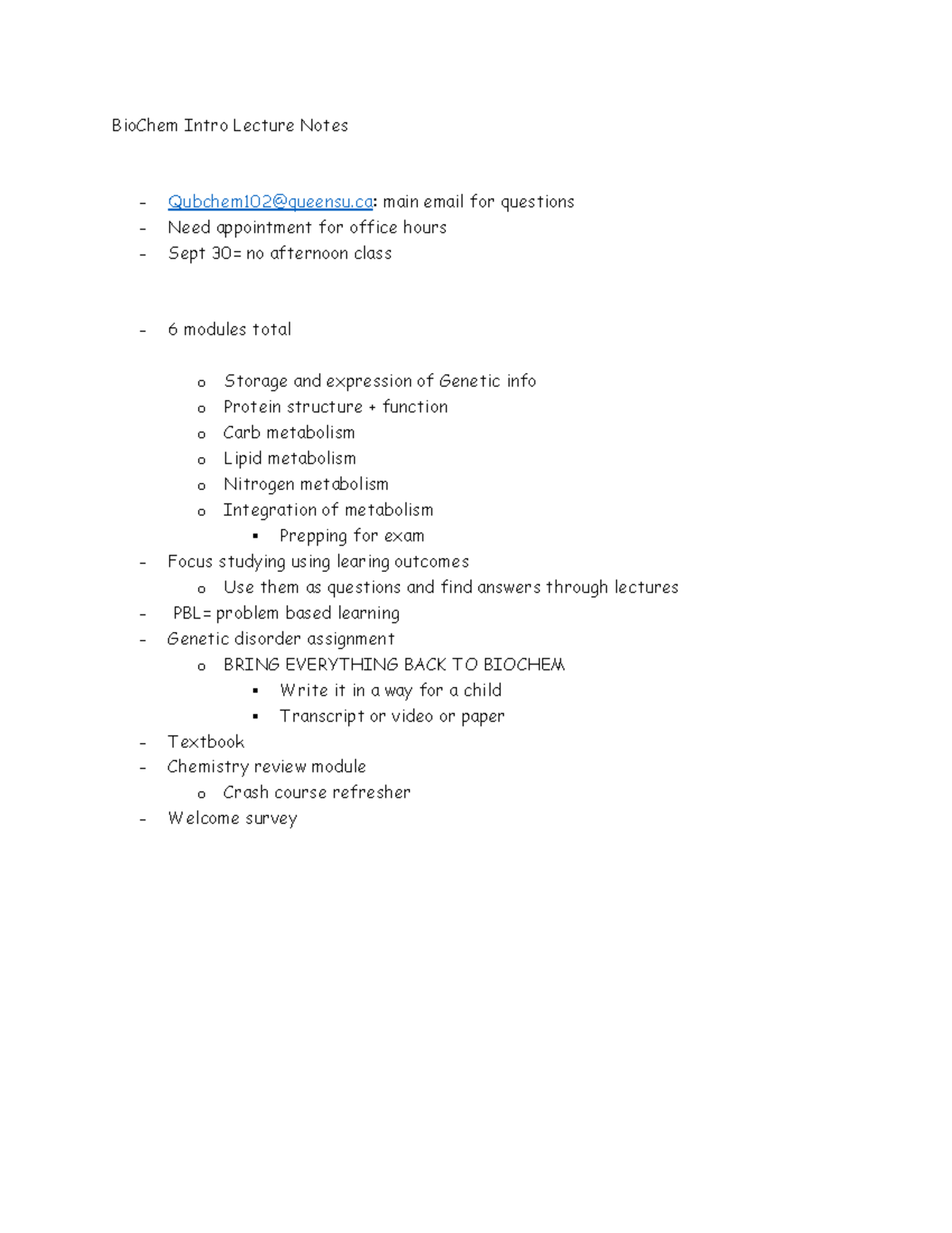 BCHM intro - BioChem Intro Lecture Notes Qubchem102@queensu: main email ...