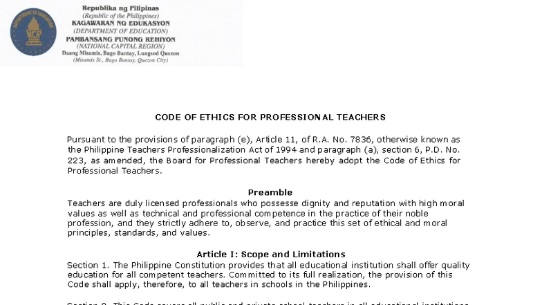 Philippines Code of Ethics for Professional Teachers (R.A. No. 7836 ...