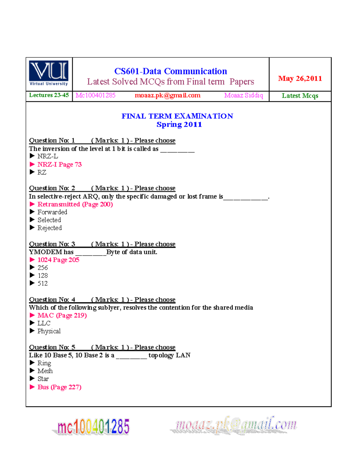 Cs601 Finalterm Solved Mcqs With Reference By Moaaz Cs601 Data Communication Latest Solved