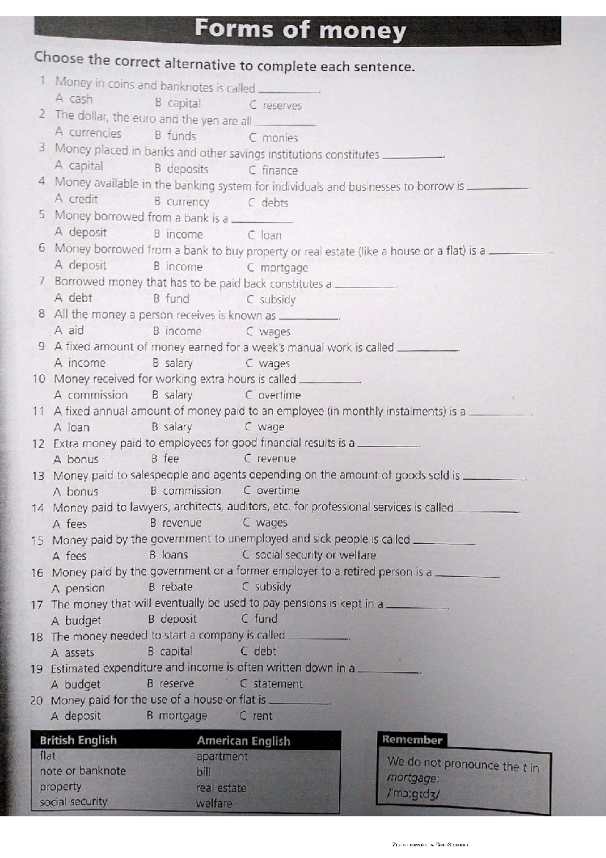 Forms of Money Quiz: Complete the Sentences on Currency and Finance ...