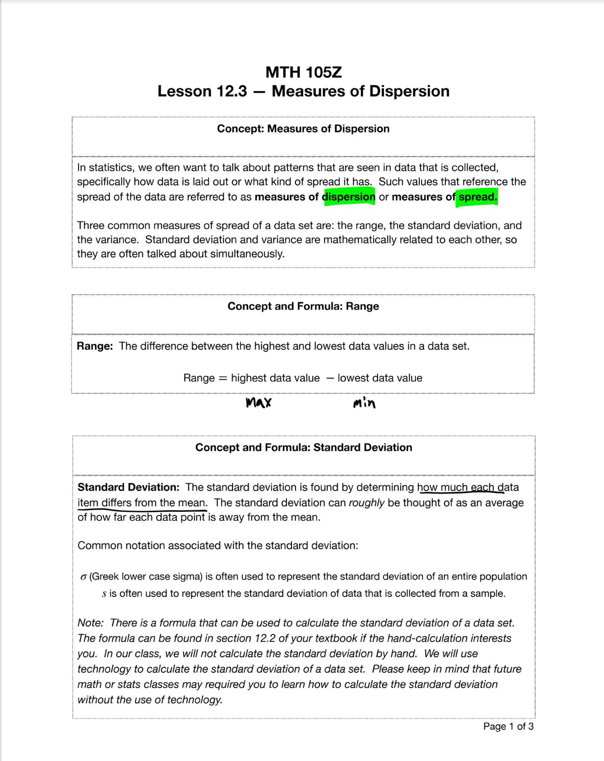 MTH 105Z Final Exam Study Guide: Measures of Dispersion Explained - Studocu