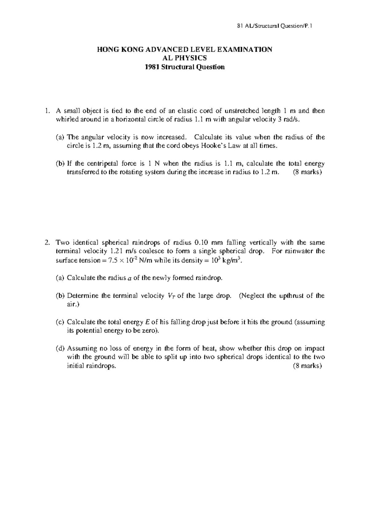 1981 AL Physics Exam: Structural Questions & Calculations - Studocu