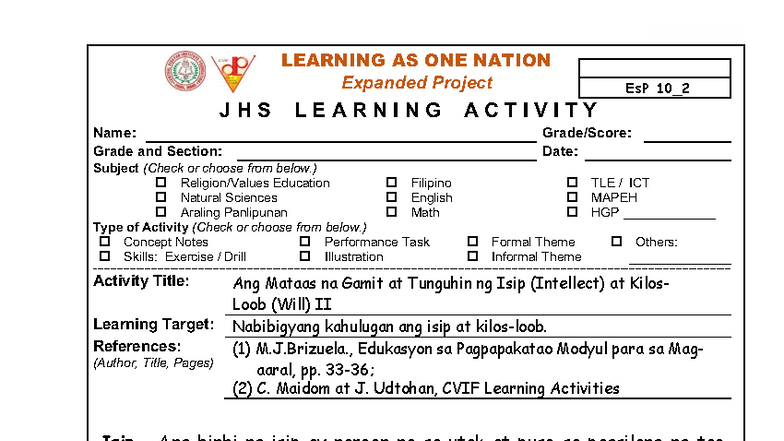 EsP 10 Expanded Project: The Role of Intellect and Will in Learning ...