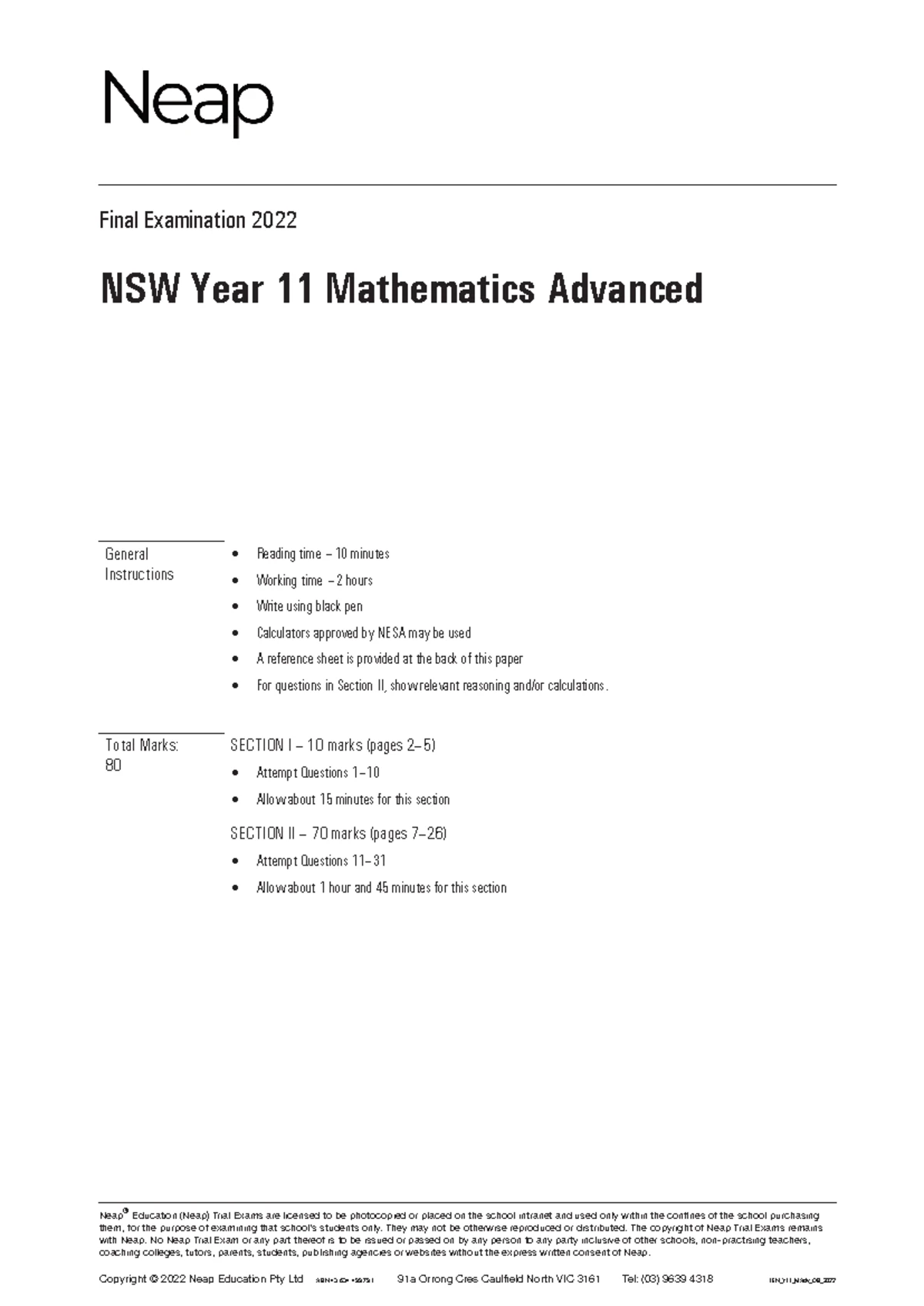 BBHS 2022 Year 11 Mathematics Advanced Prelim Exam & Solutions - Studocu