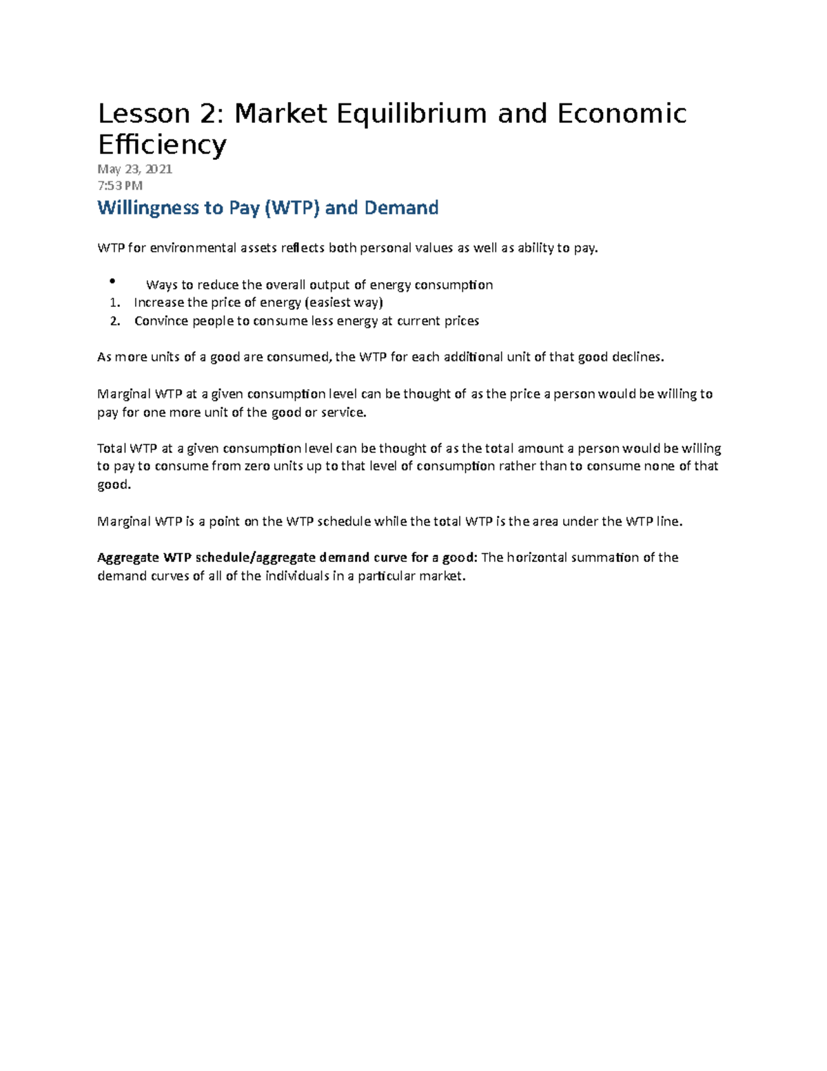Lesson 2 - Lecture 2 Notes - Lesson 2: Market Equilibrium and Economic ...