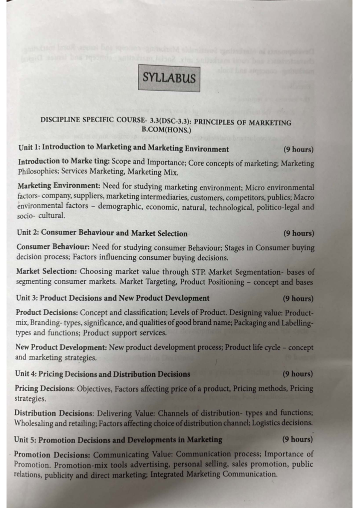 B.COM(HONS.) Syllabus: Principles of Marketing Overview - Studocu