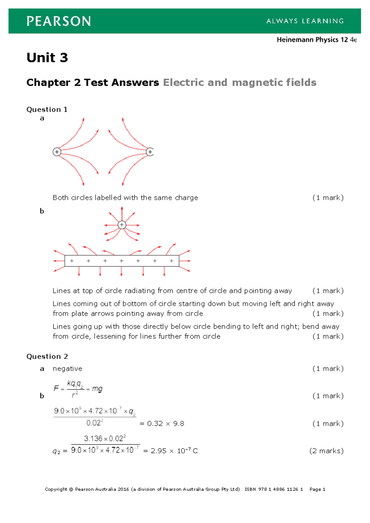 VPH12 Unit 3 Chapter 2 Test Answers: Electric & Magnetic Fields - Studocu