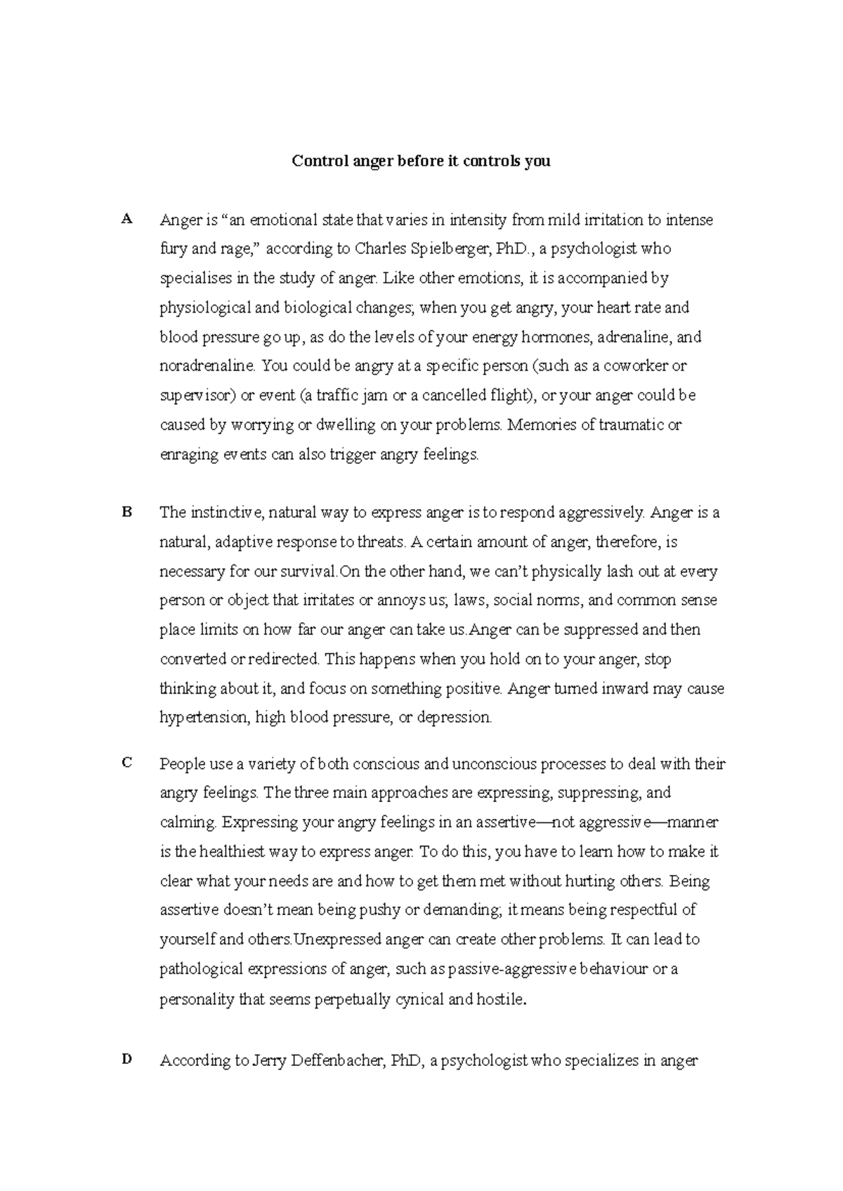 Reading 5 - Control anger before it controls you A Anger is “an ...