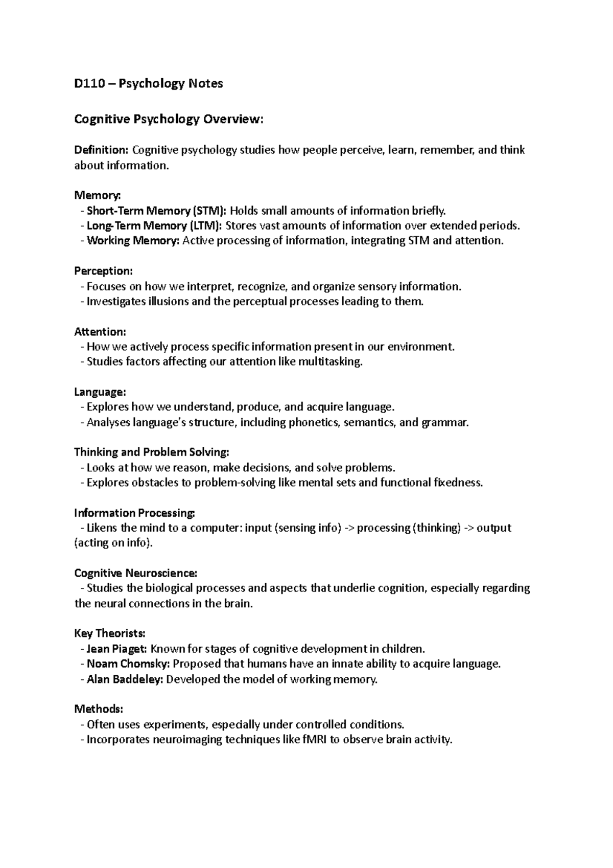 D110 - Psychology - Cognitive Psychology Lecture Notes Overview - Studocu