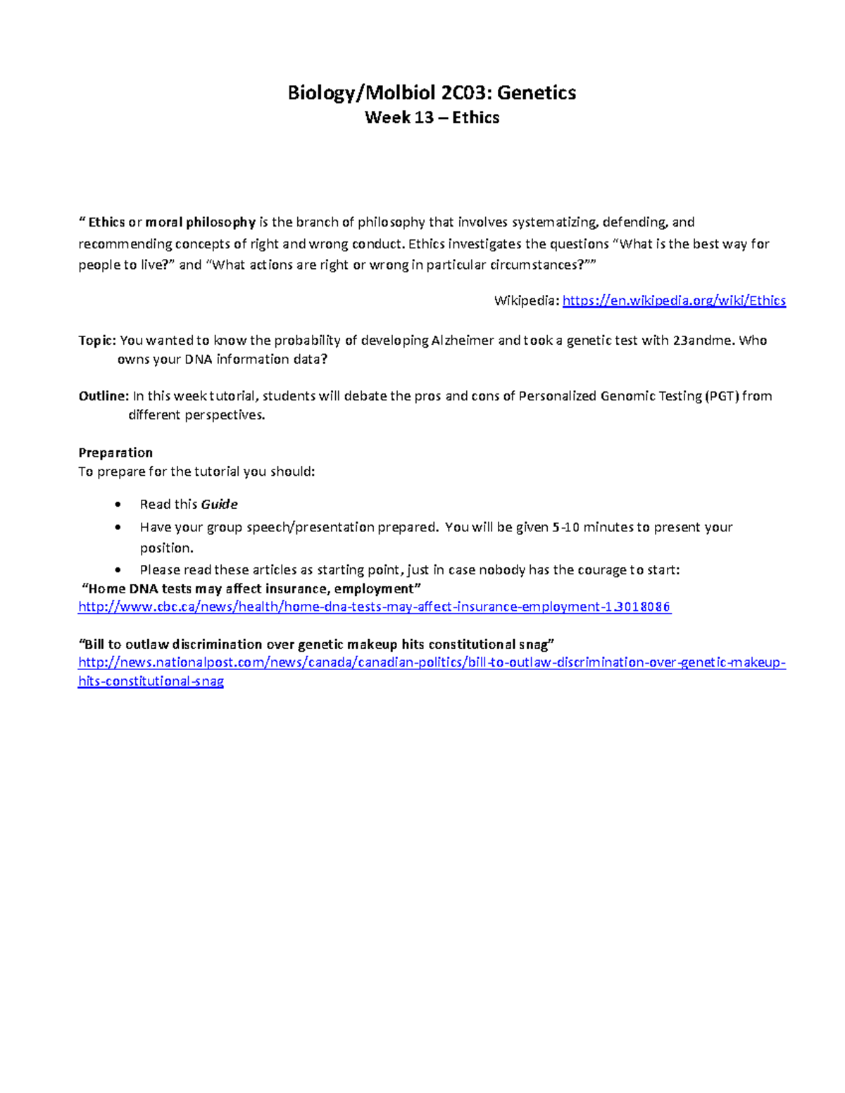 Week 13 Tutorial guide - Ethics - Biology/Molbiol 2C03: Genetics Week ...