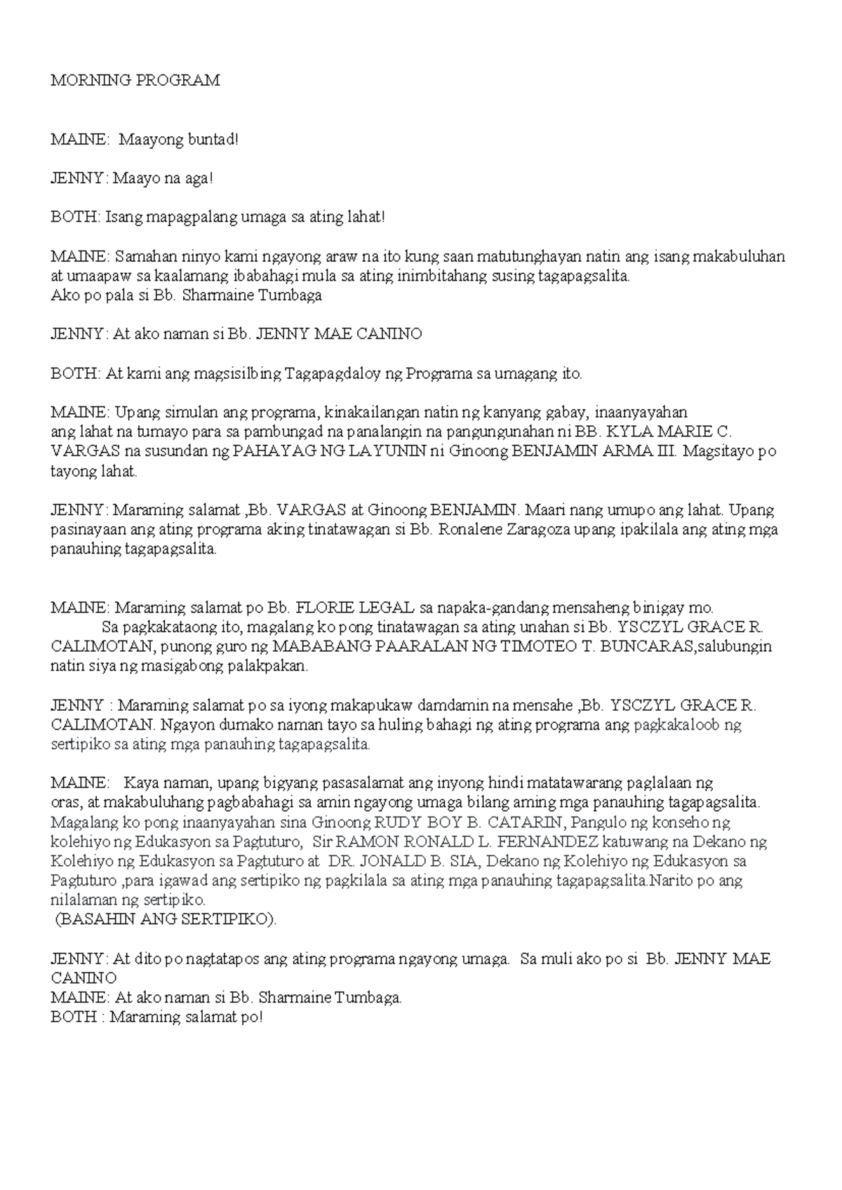 Iskrip ng Programa para sa Lunes: Pambungad na Panalangin at Sertipiko - Studocu