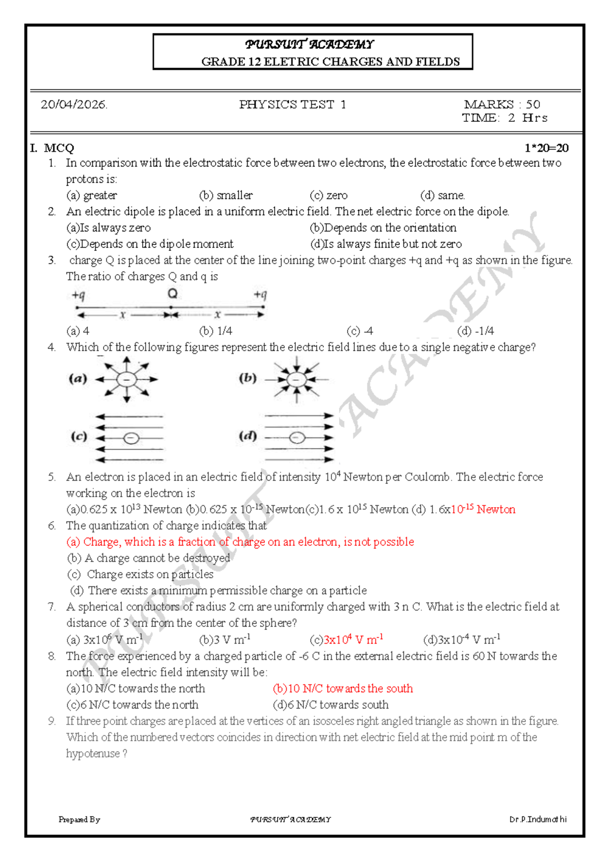 PURSUIT ACADEMY GRADE 12 ELECTRIC CHARGES AND FIELDS TEST 2 - Studocu