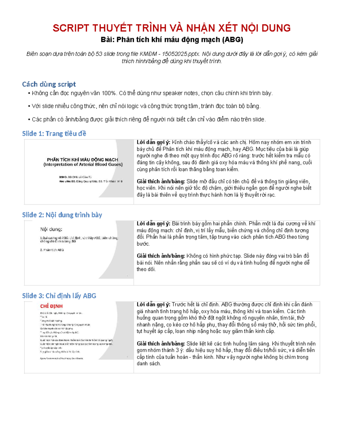 Script Thuyết Trình ABG - Phân Tích Khí Máu Động Mạch (KMDM) - Studocu