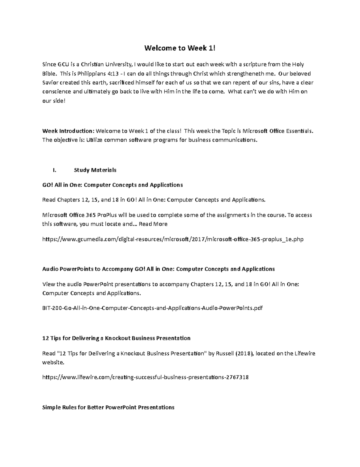 BIT200-Week 1 Overview: Microsoft Office Essentials and Assignments ...