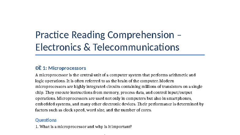 Reading Comprehension: Electronics & Telecommunications (ĐỀ 1-3) - Studocu