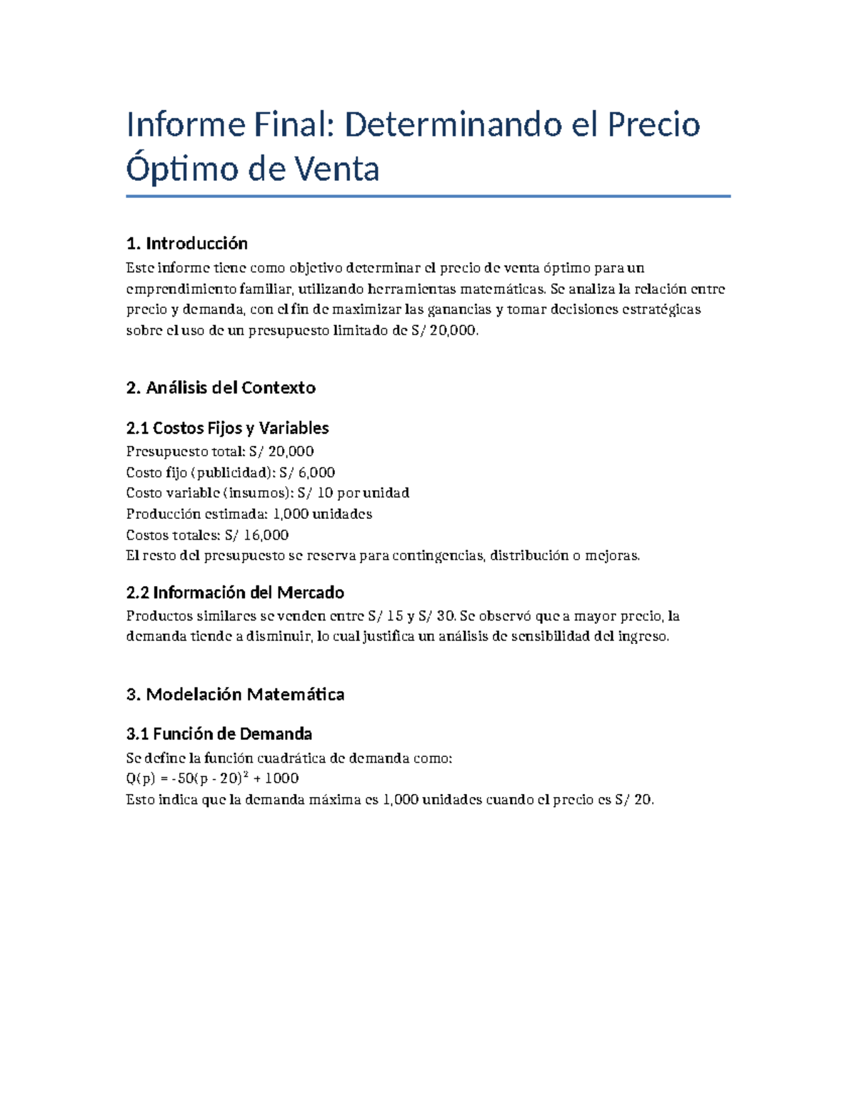 Informe Final: Precio Óptimo de Venta y Análisis Matemático - Studocu