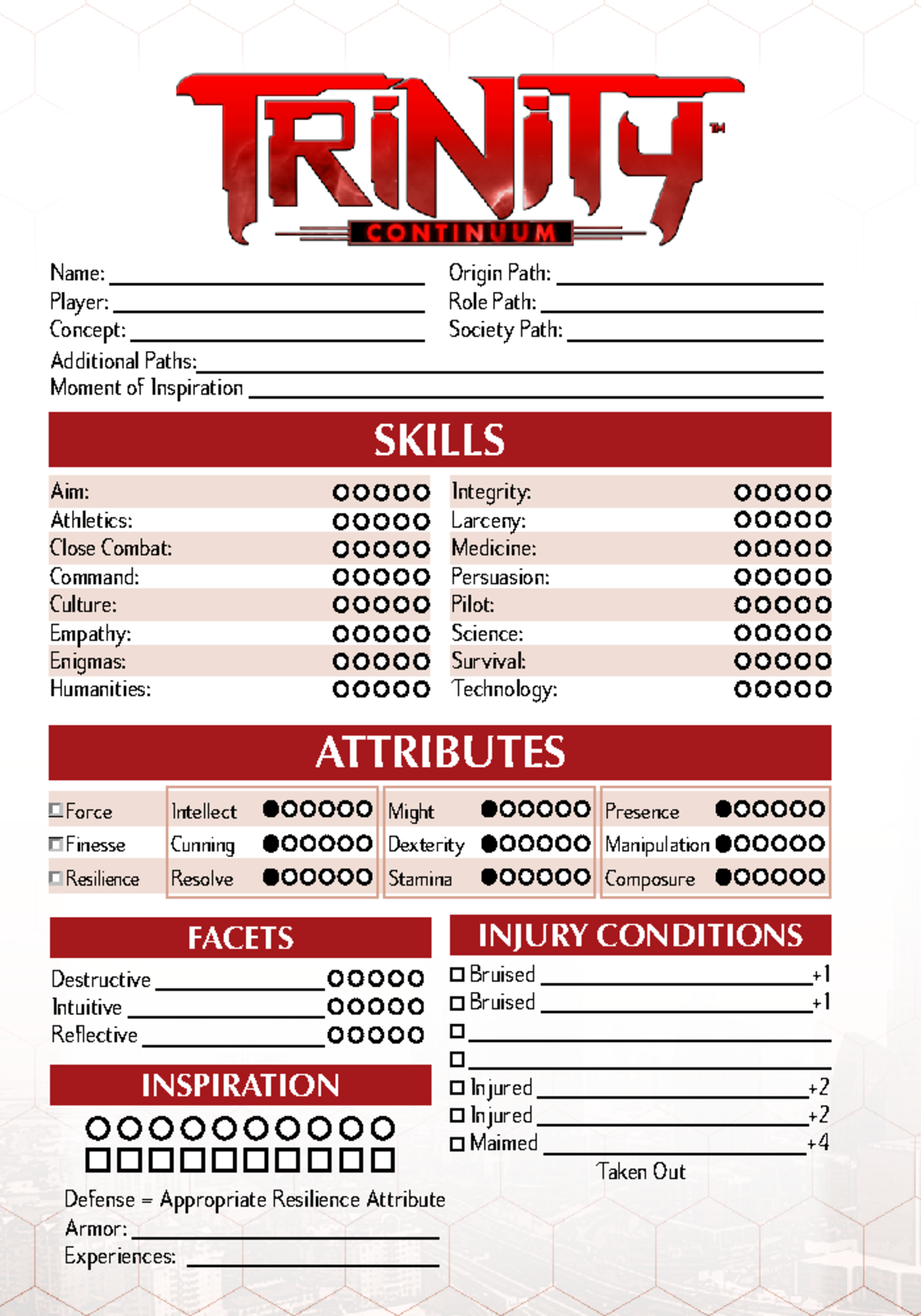 Trinity Continuum - Core - Character Sheet - Fillable - Aim: Athletics ...