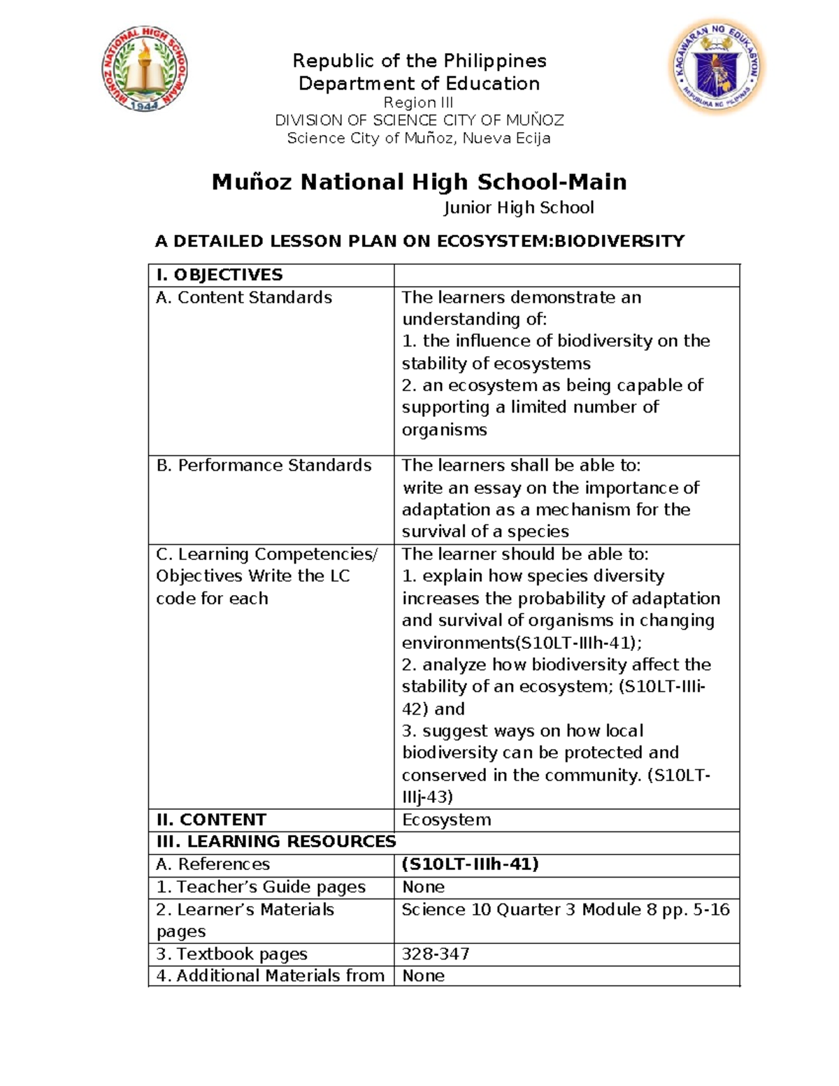 DLP - Detailed Lesson Plan on Ecosystem: Biodiversity & Evolution - Studocu