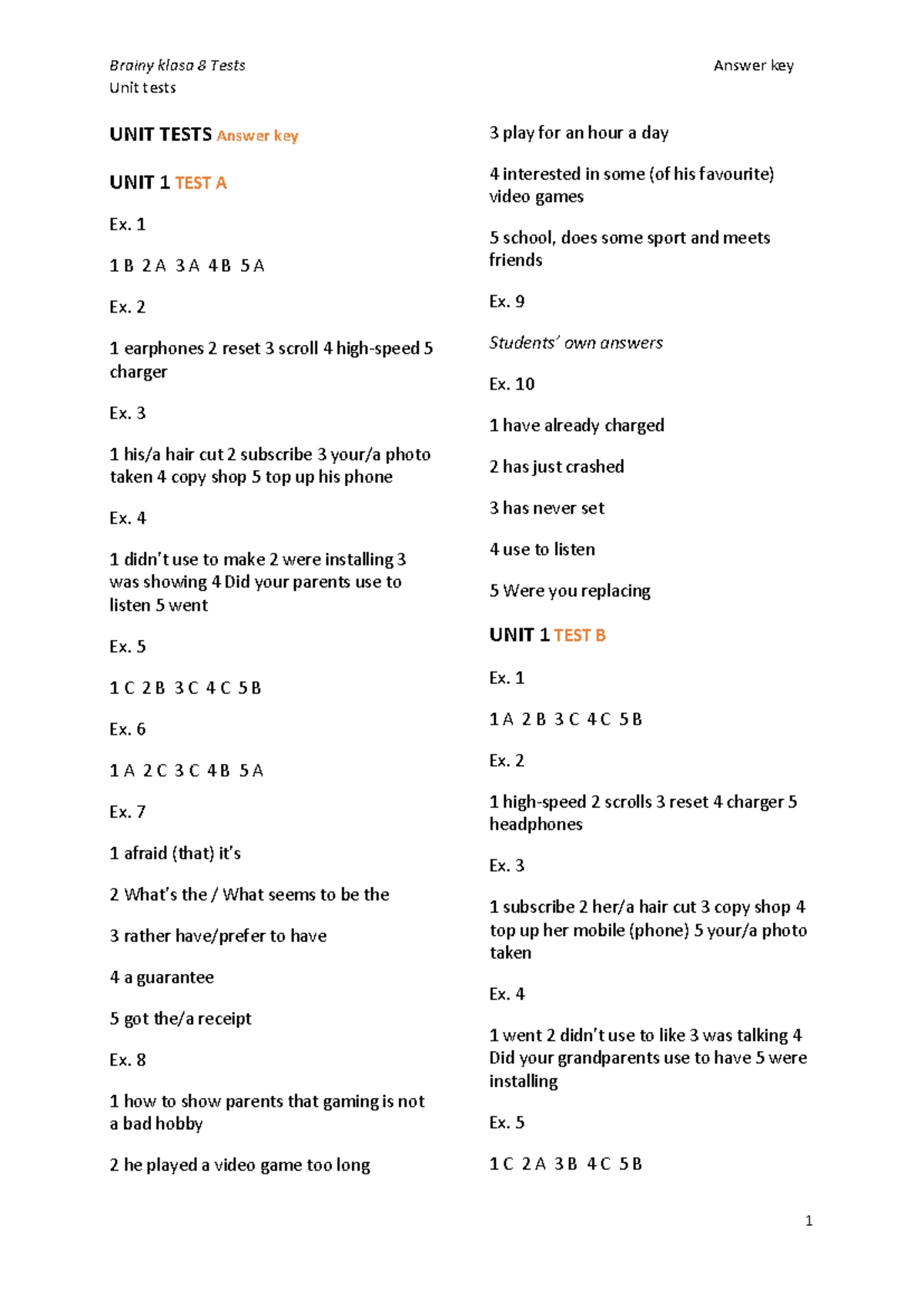 Brainy klasa 6 Unit Test 4A: Listening, Vocabulary, Grammar, Writing ...