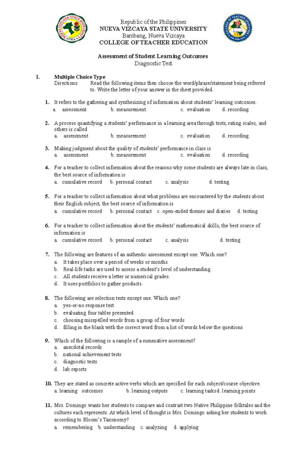 Assessment Diagnostic Test: Multiple Choice Items for Students - Studocu