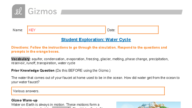 KEY - Water Cycle Gizmo Exploration Guide - Studocu